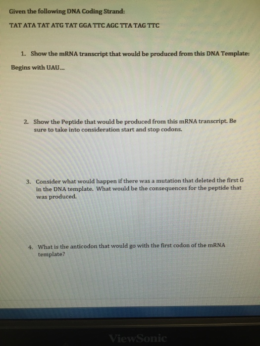 Solved Given the following DNA Coding Strand TAT ATA TAT ATG | Chegg.com