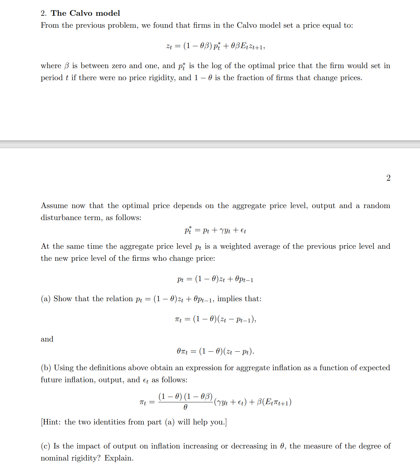 Solved 2. The Calvo model From the previous problem, we | Chegg.com