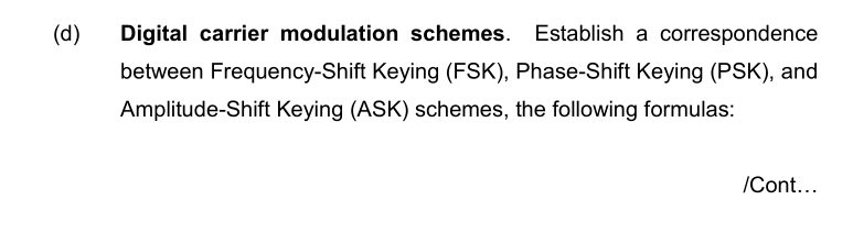 Solved (d) Digital carrier modulation schemes. Establish a | Chegg.com