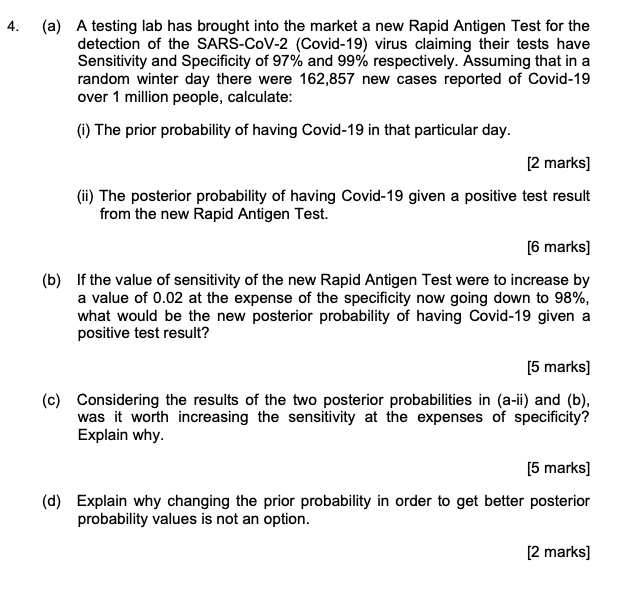 Solved 4. (a) A testing lab has brought into the market a | Chegg.com
