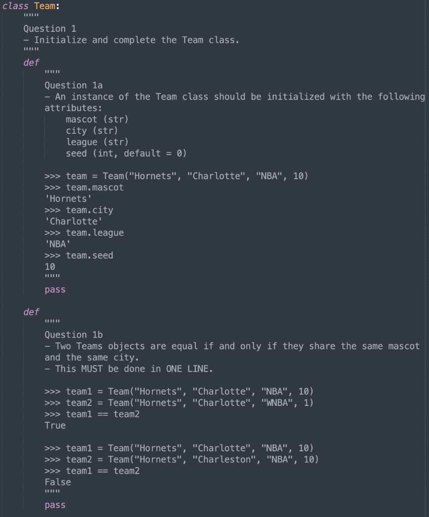 Solved class Team: Question 1 - Initialize and complete the | Chegg.com