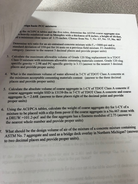 esign basic PCC mixtures g the ACI/PCA tables and the | Chegg.com