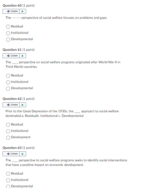 The -perspective of social welfare focuses on | Chegg.com