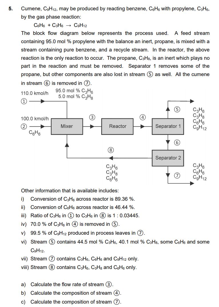 5. Cumene, C9H12, may be produced by reacting | Chegg.com