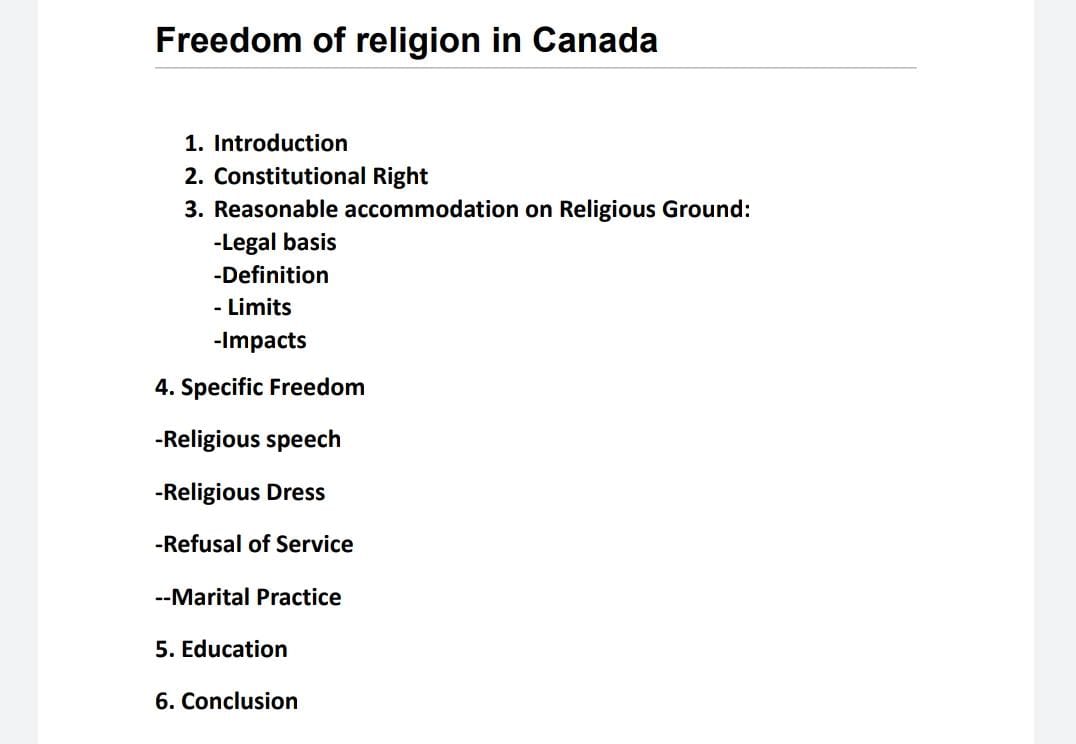 Solved Freedom of religion in Canada 1. Introduction 2. | Chegg.com