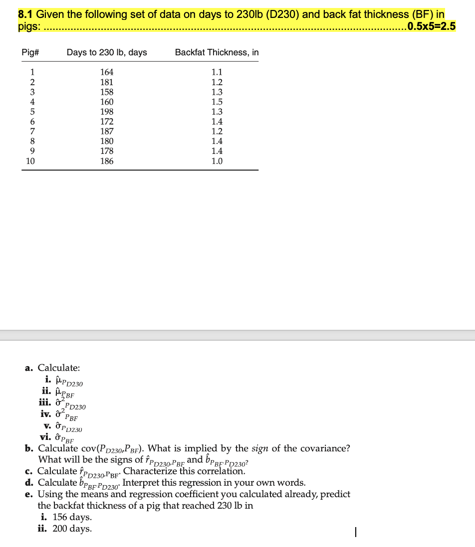 Solved 8.1 Given the following set of data on days to 230lb | Chegg.com