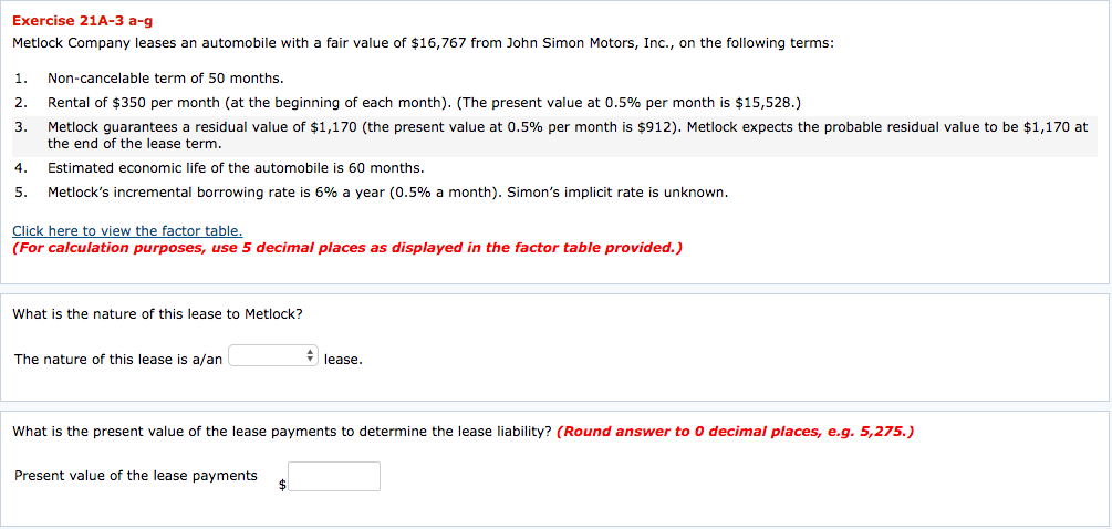 Exercise 21A-3 a-g Metlock Company leases an | Chegg.com