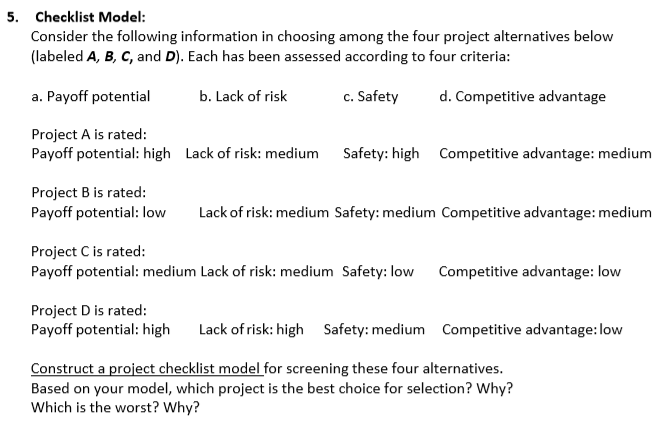 Solved 5. Checklist Model: Consider the following | Chegg.com