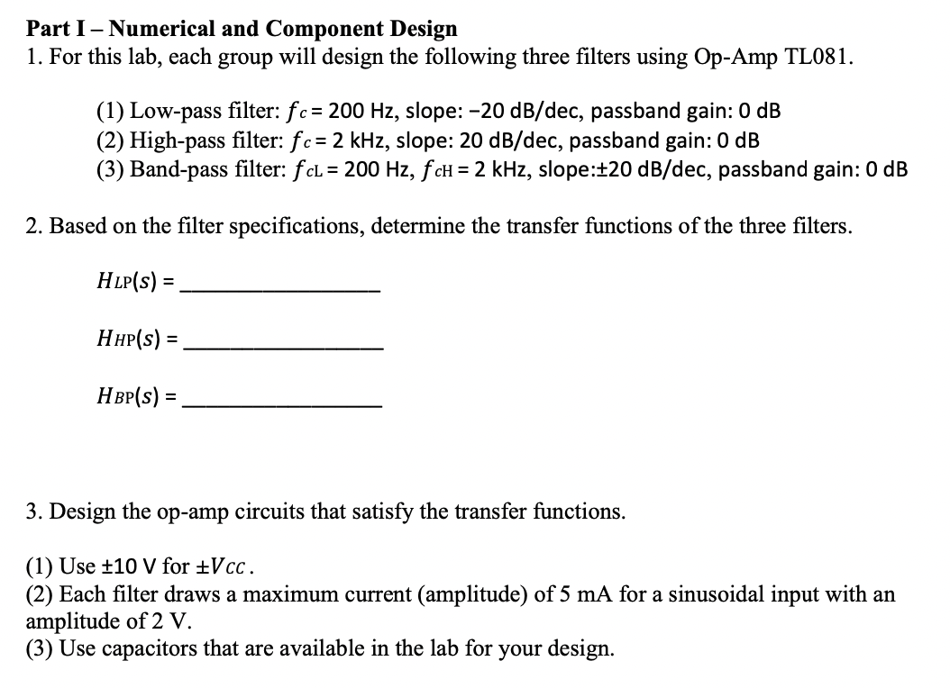 Solved Part I – Numerical and Component Design 1. For this | Chegg.com