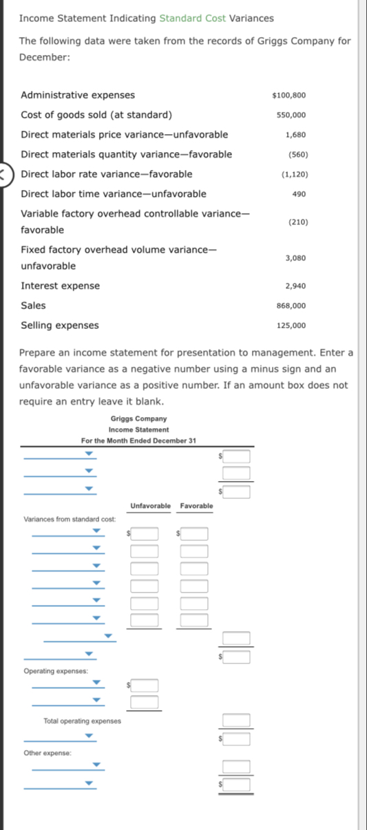 Solved Income Statement Indicating Standard Cost Variances | Chegg.com