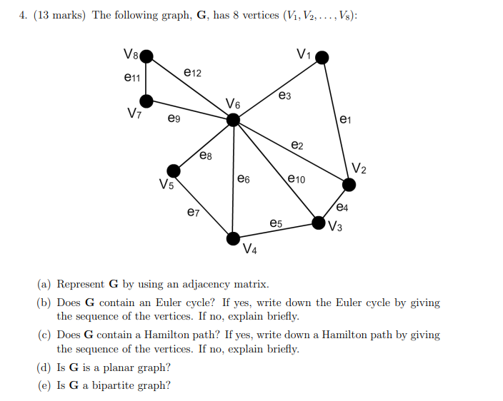 Solved 4. (13 marks) The following graph, G, has 8 vertices | Chegg.com