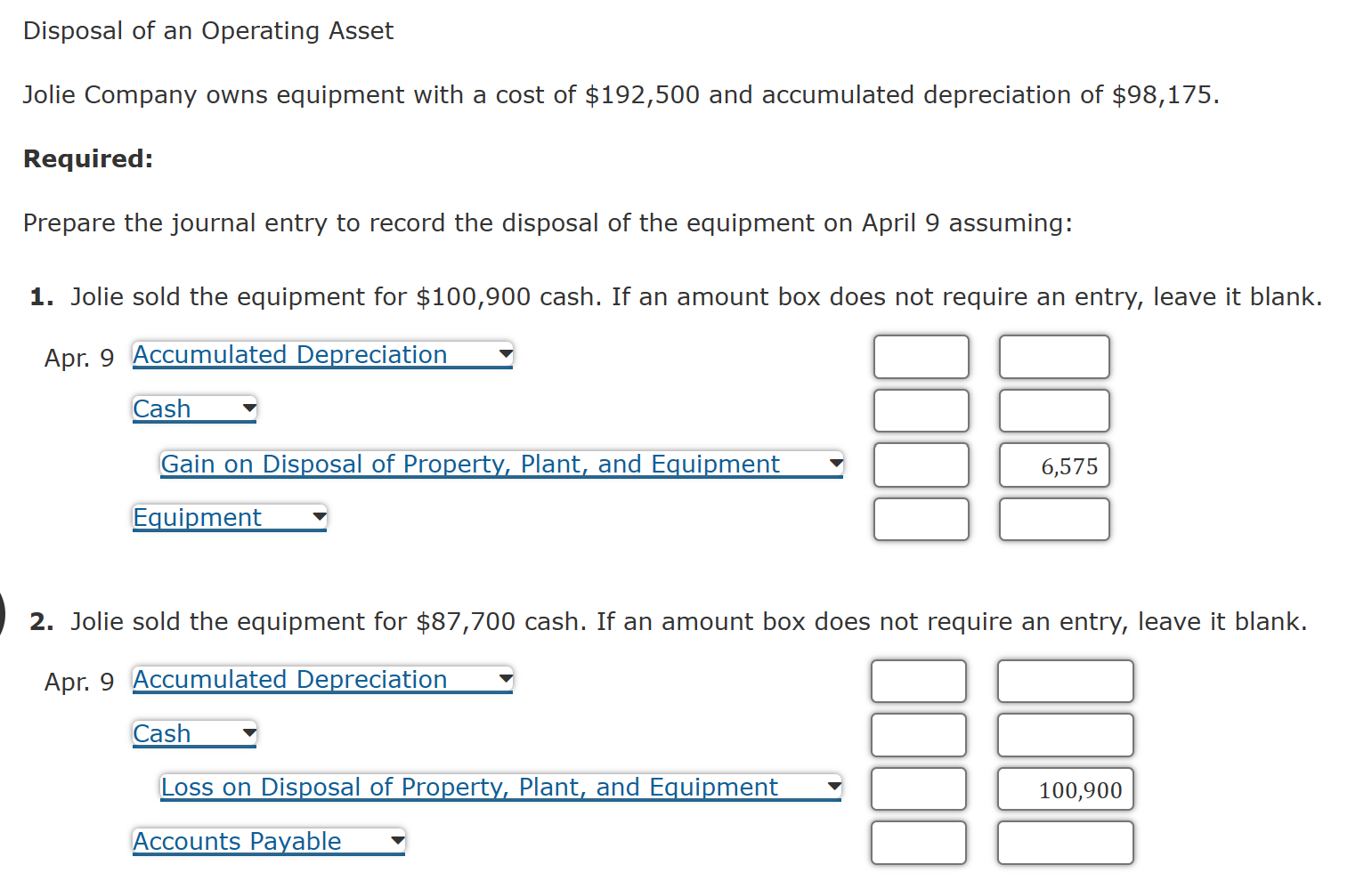 Solved Disposal of an Operating AssetJolie Company owns | Chegg.com