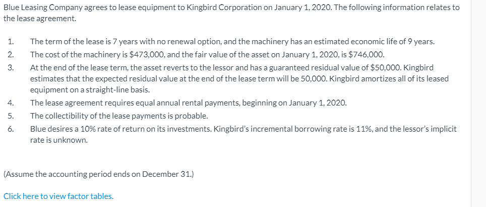 Solved Blue Leasing Company agrees to lease equipment to | Chegg.com