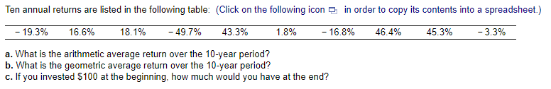 Solved a. What is the arithmetic average return over the 10 | Chegg.com