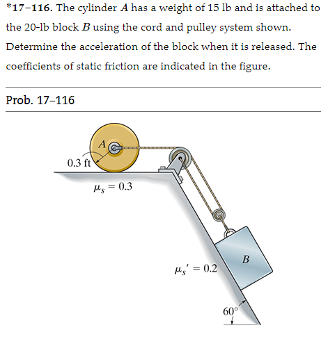 Solved *17-116. The cylinder A has a weight of 15lb and is | Chegg.com
