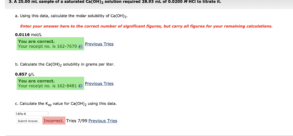 Solved 3. A 25.00 ml sample of a saturated Ca(OH)2 solution | Chegg.com