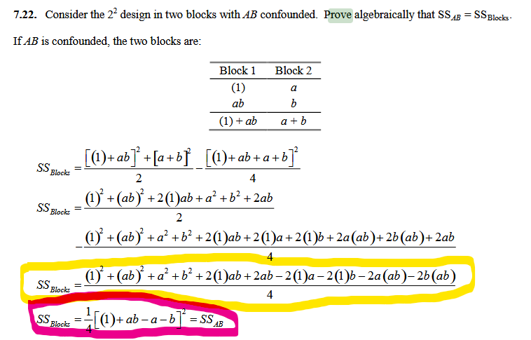 Solved 7.22. Consider the 22 design in two blocks with AB | Chegg.com