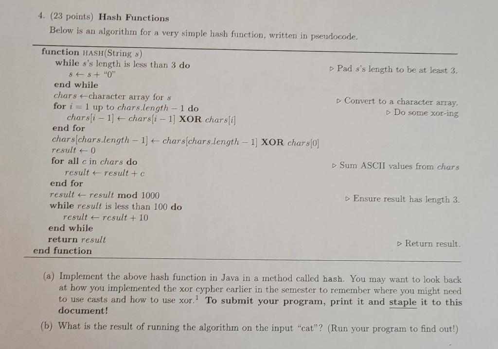 4. (23 points) Hash Functions Below is an algorithm | Chegg.com