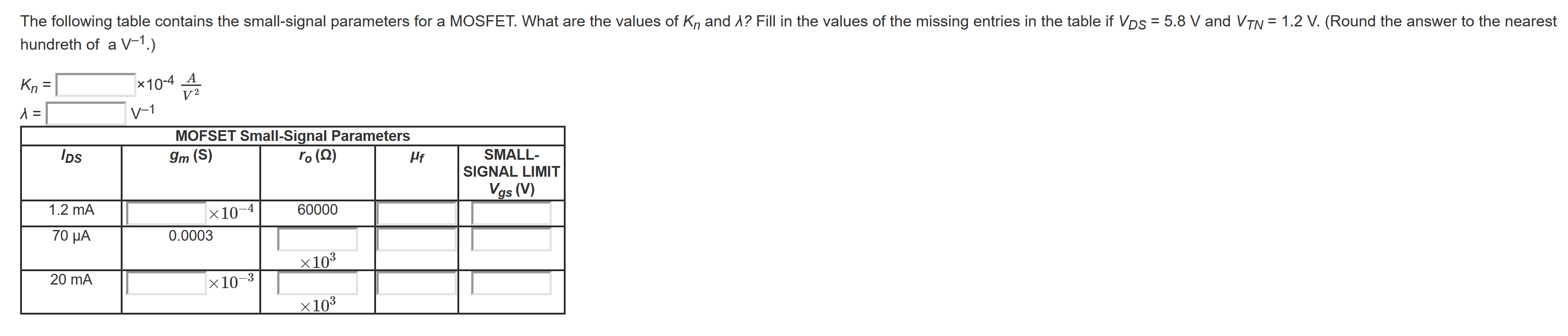 Solved The following table contains the small-signal | Chegg.com