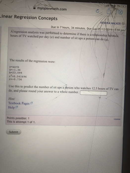 Solved myopenmath.com Linear Regression Concepts A WALKER | Chegg.com