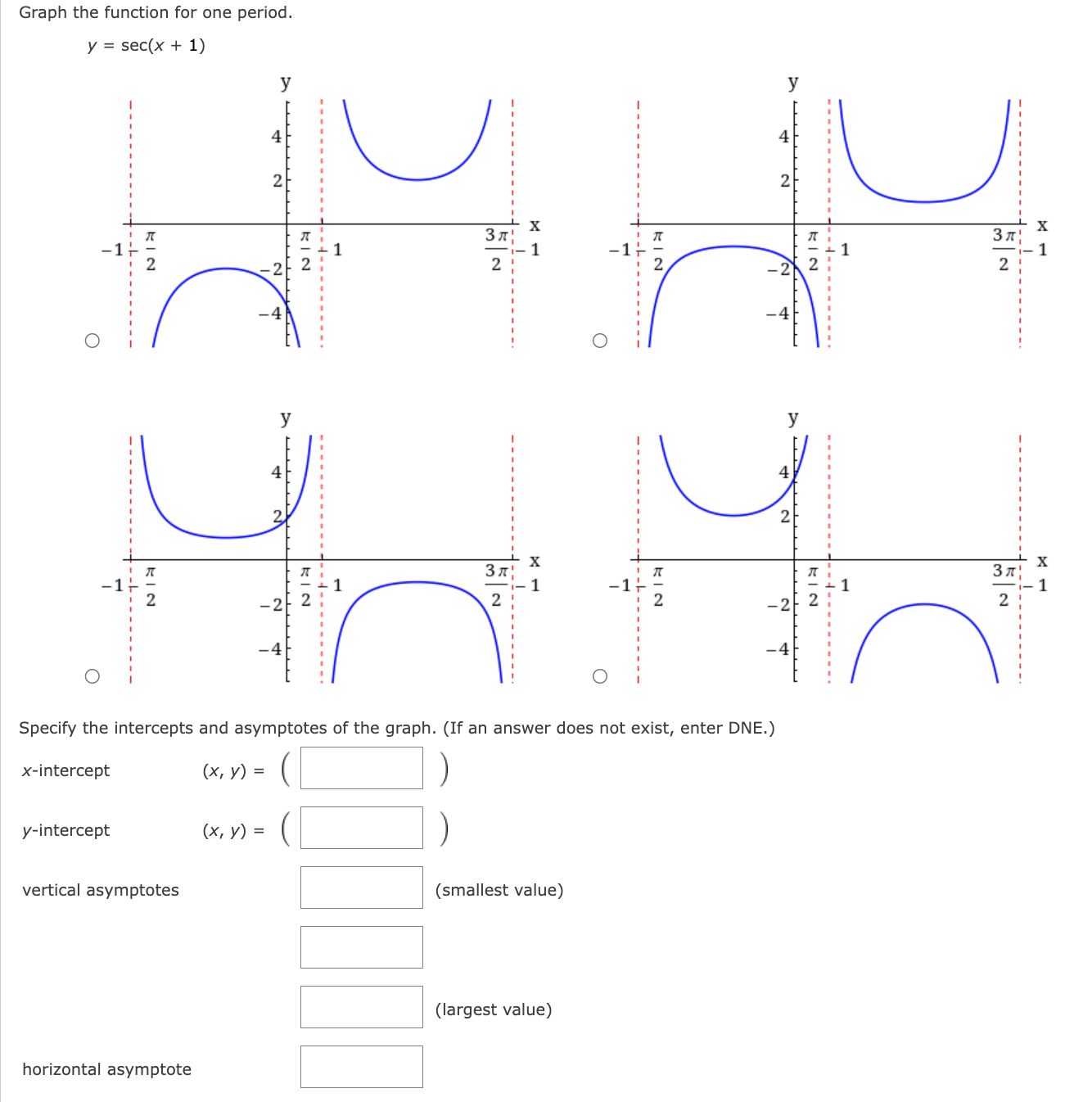 Solved Graph the function for one period. y=sec(x+1) Specify | Chegg.com