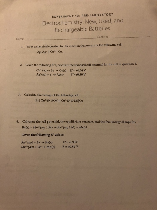 Solved EXPERIMENT 13: PRE-LABORATORY Electrochemistry: New, | Chegg.com