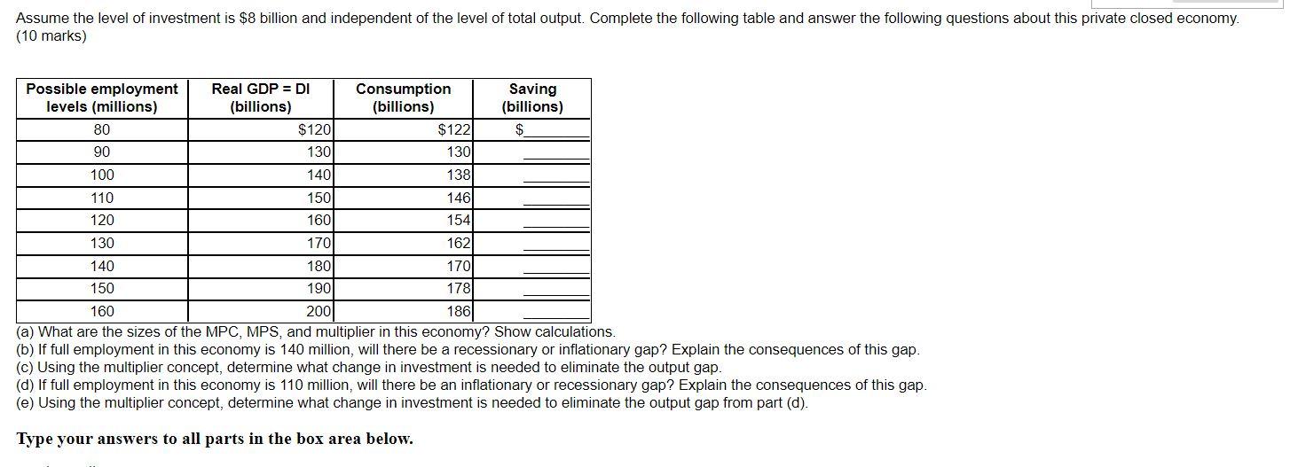 Solved Assume the level of investment is $8 billion and | Chegg.com