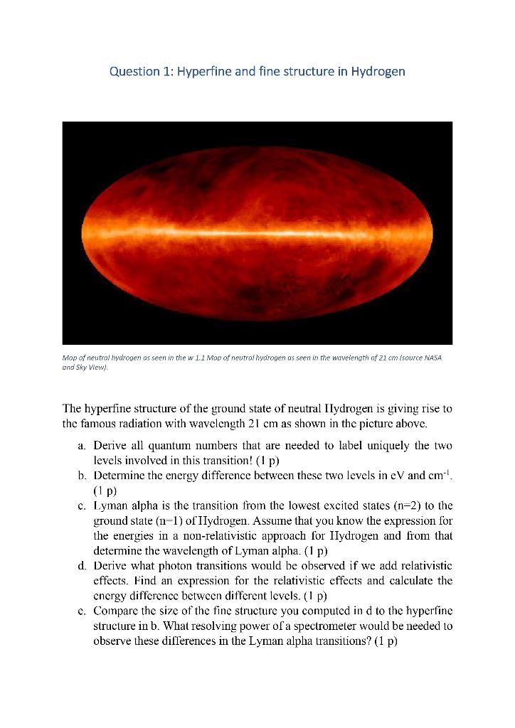 Solved Question 1: Hyperfine and fine structure in Hydrogen | Chegg.com