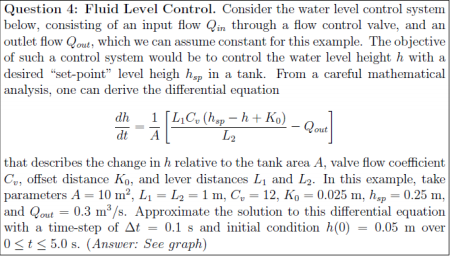 Solved Question 4: Fluid Level Control. Consider the water | Chegg.com