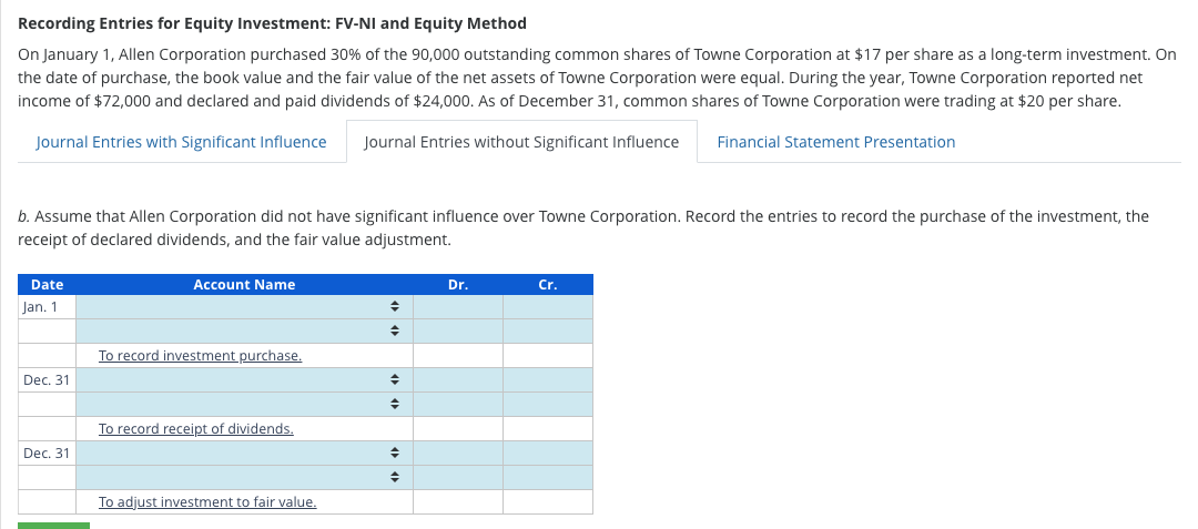 Solved Recording Entries for Equity Investment: FV-NI and | Chegg.com