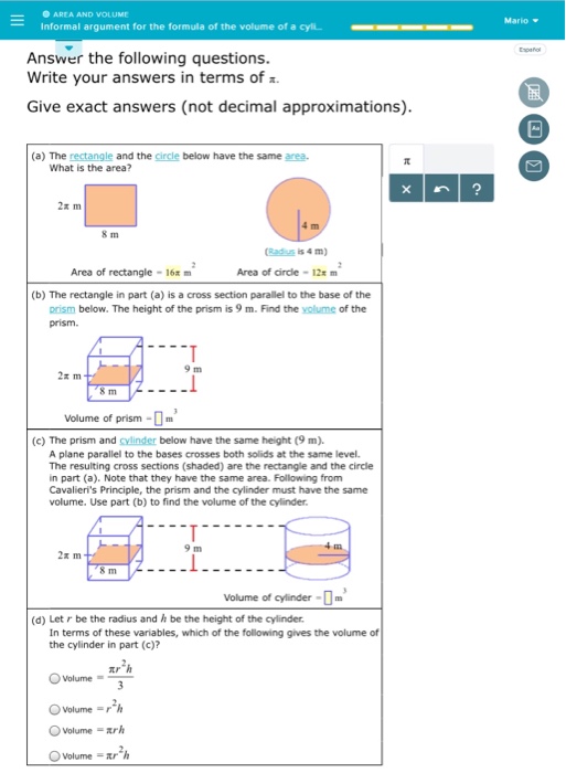 Solved AREA AND VOLUME Mario Informal argument for the | Chegg.com