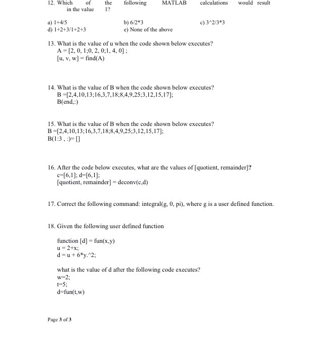 Solved Which of the following MATLAB calculations would | Chegg.com