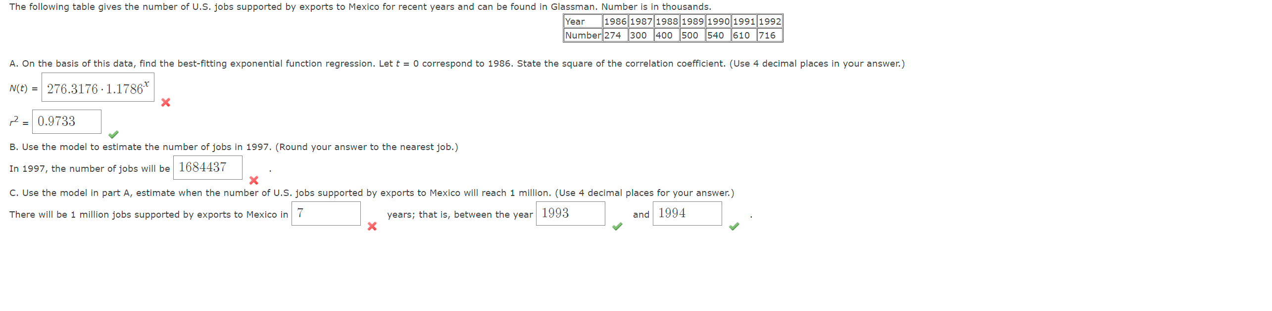 Solved N(t)=276.3176⋅1.1786x r2= B. Use the model to | Chegg.com