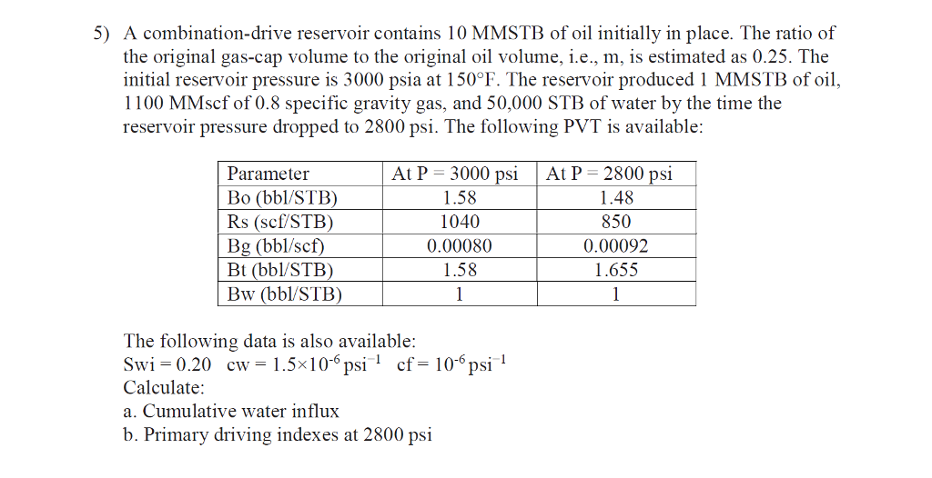Solved 5) A combination-drive reservoir contains 10 MMSTB of | Chegg.com