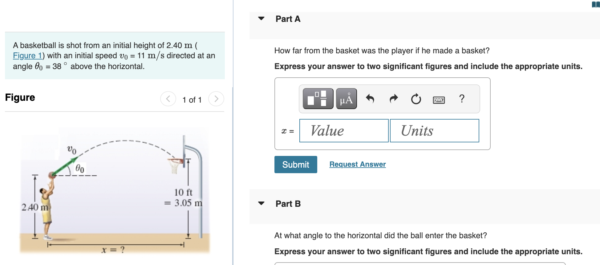 Solved A basketball is shot from an initial height of 2.40 m | Chegg.com