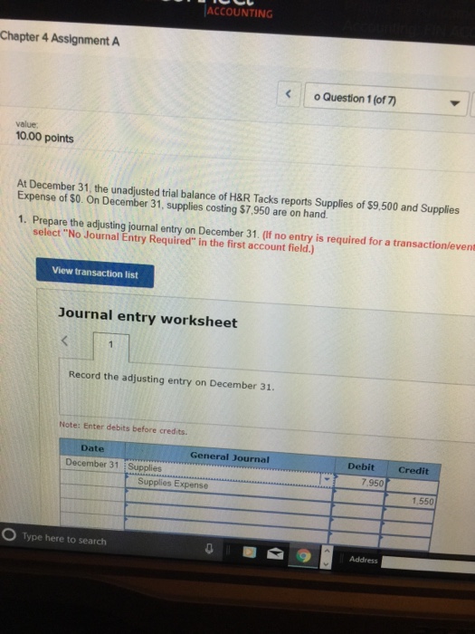 Solved Accounting Chapter 4 Assignment O Question 1 Of 7 