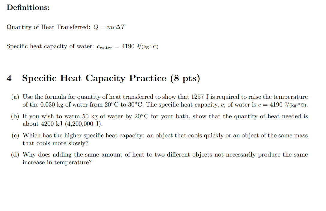 Solved Definitions: Quantity of Heat Transferred: Q = MCAT | Chegg.com