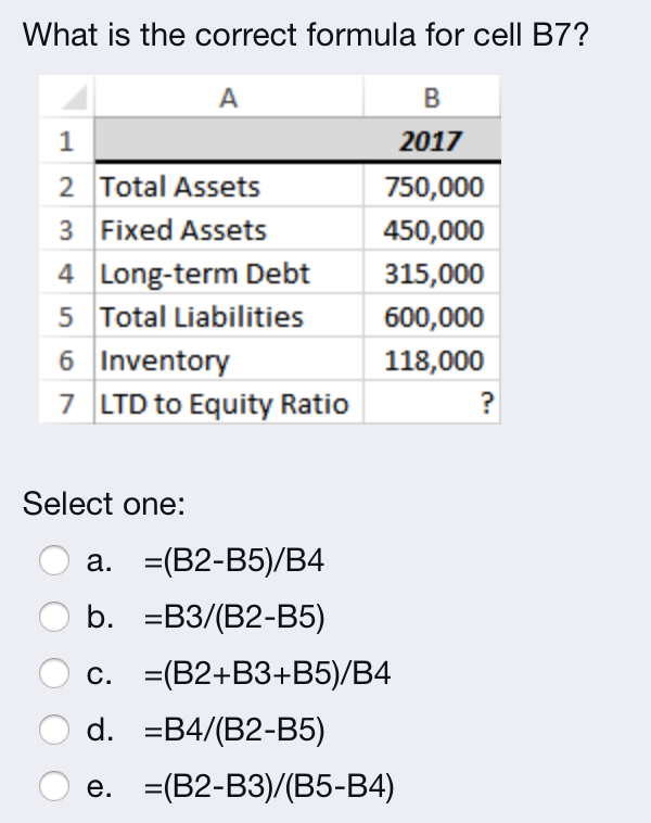 Solved What is the correct formula for cell B7? A B 1 2 | Chegg.com
