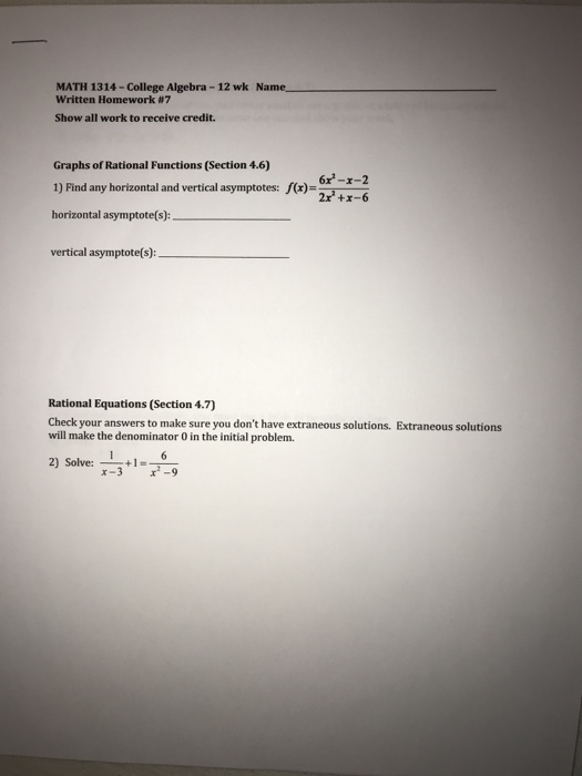 Solved MATH 1314-College Algebra -12 wk Nam Written Homework | Chegg.com