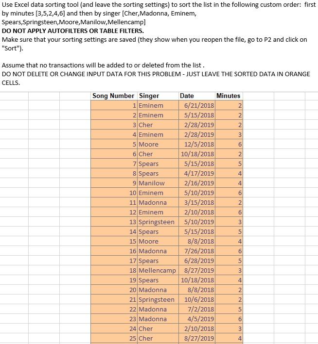 Solved Use Excel data sorting tool (and leave the sorting | Chegg.com