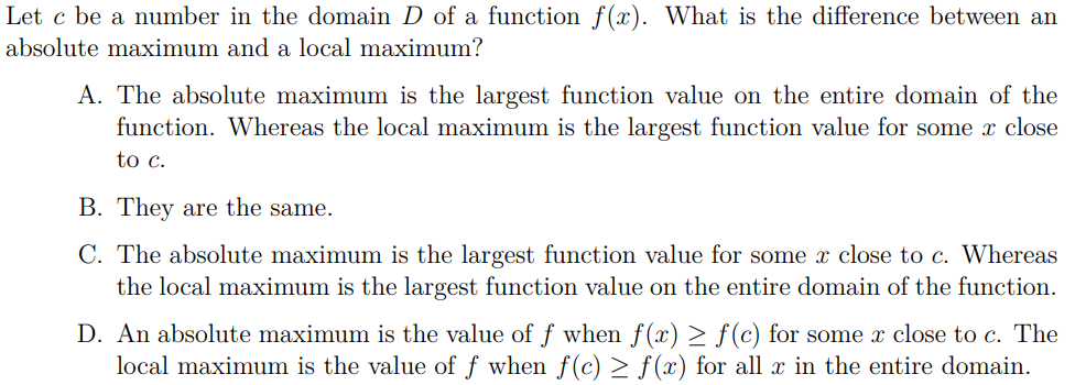 Solved et c be a number in the domain D of a function f(x). | Chegg.com