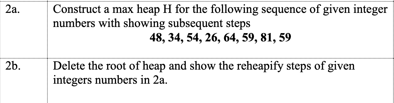 Solved . 2a. Construct a max heap H for the following | Chegg.com