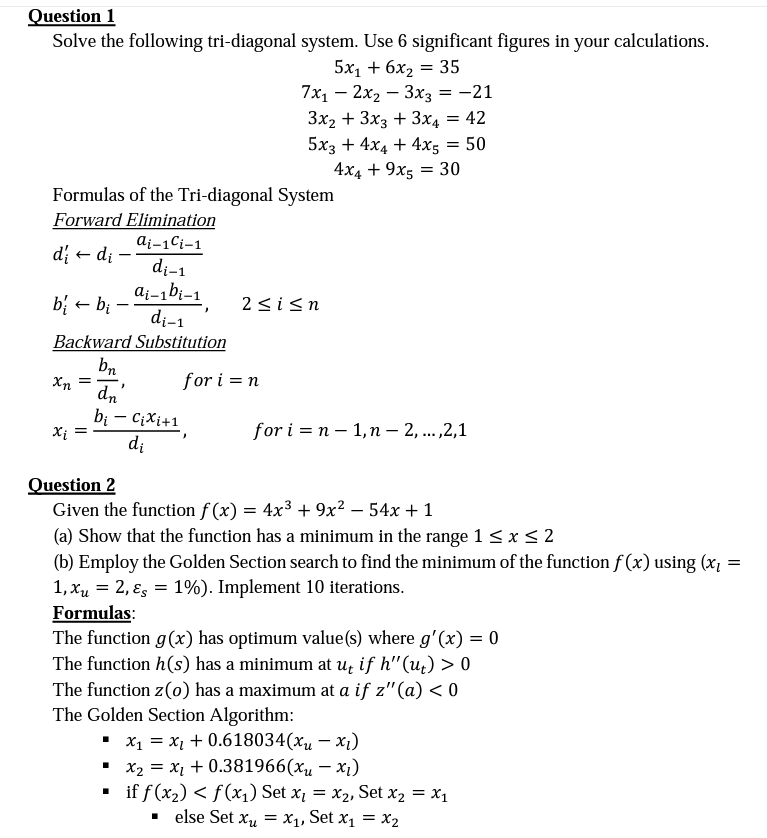 Solved Question 1 Solve the following tri-diagonal system. | Chegg.com
