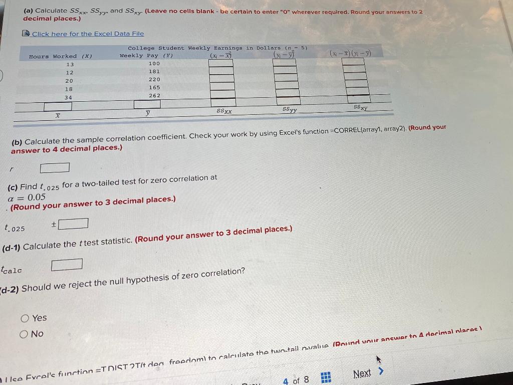 Solved (a) Calculate SSxx SSyy, and SSxy (Leave no cells | Chegg.com