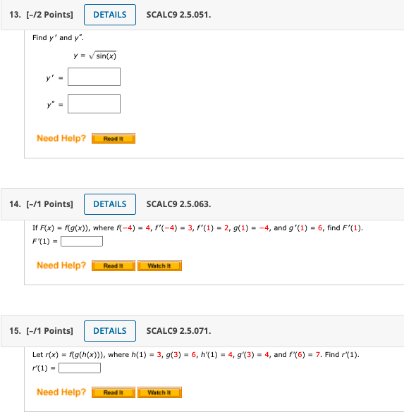 Solved 13. (-/2 points) DETAILS SCALC9 2.5.051. Find y' and | Chegg.com Solved 13. (-/2 points) DETAILS SCALC9 2.5.051. Find y' and | Chegg.com