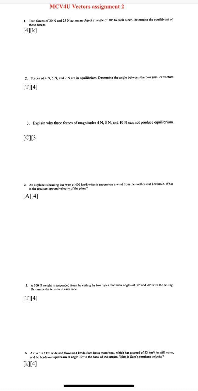 Solved MCV4U Vectors assignment 2 1. Two forces of 20 N and | Chegg.com