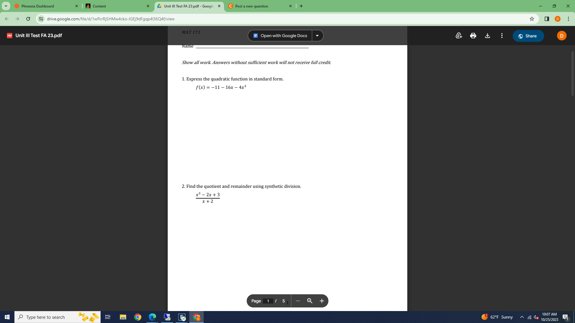 Solved Show all work. Answers without sufficient work will | Chegg.com