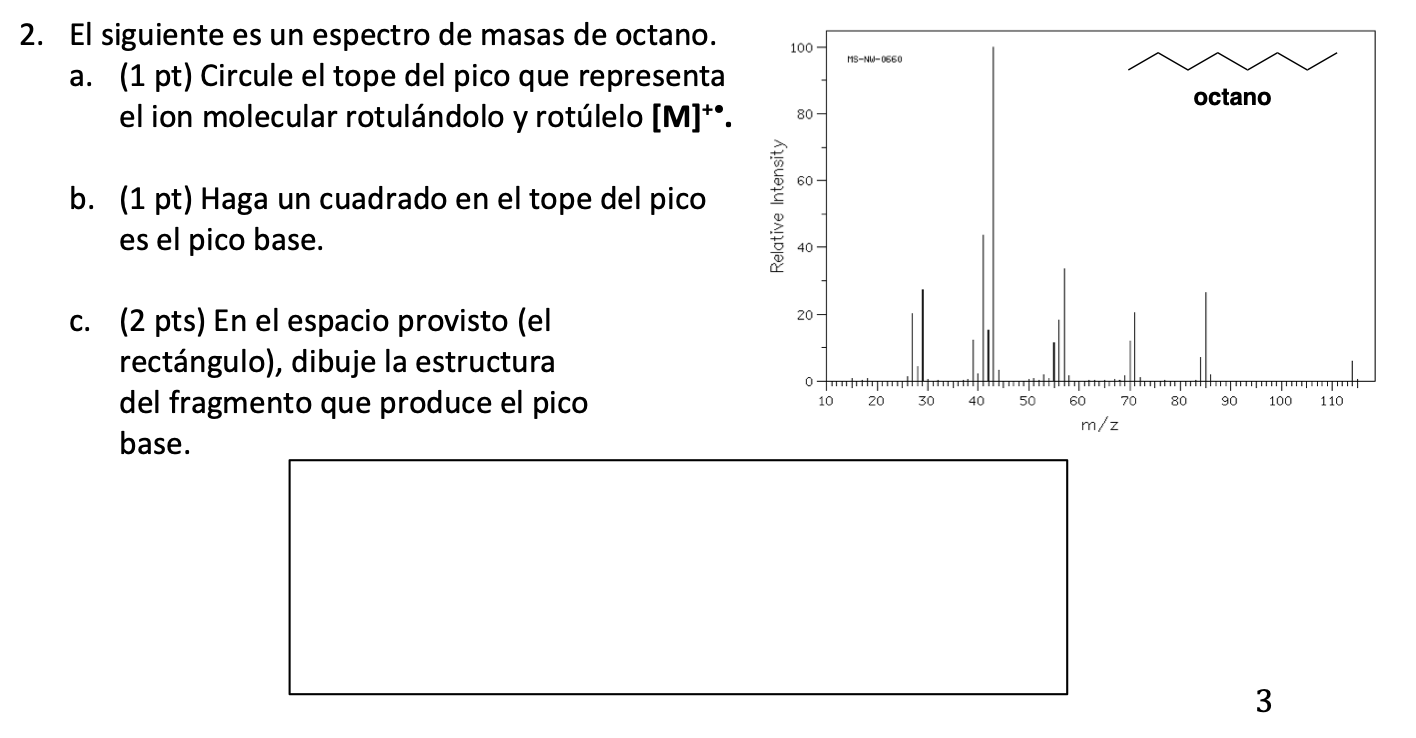 Solved The following is a mass spectrum for octane. to. (1 | Chegg.com
