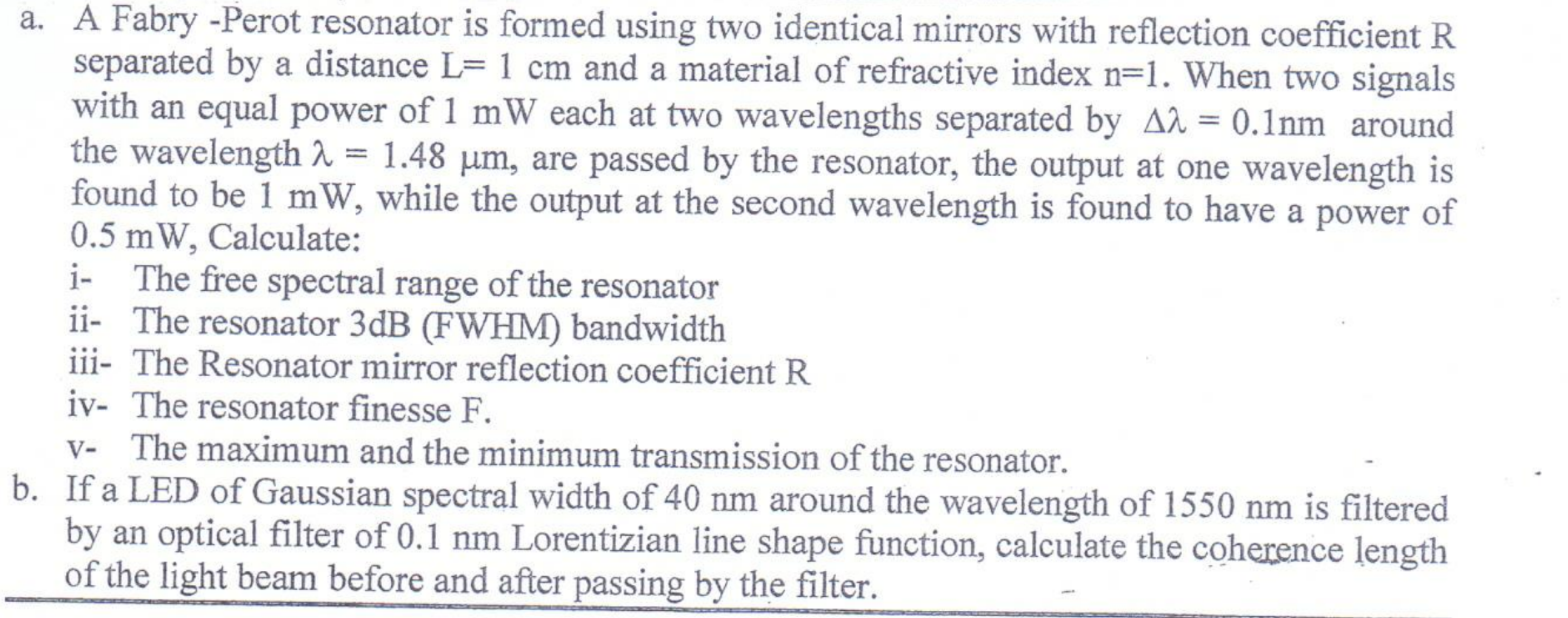 Solved a. A Fabry -Perot resonator is formed using two | Chegg.com