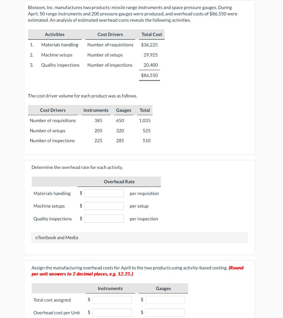Solved Blossom, Inc. manufactures two products: missile | Chegg.com